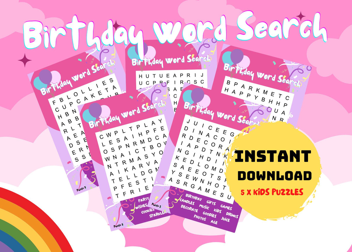 Birthday Party Kids Word Search Puzzles | 5 x Fun Digital Download ...